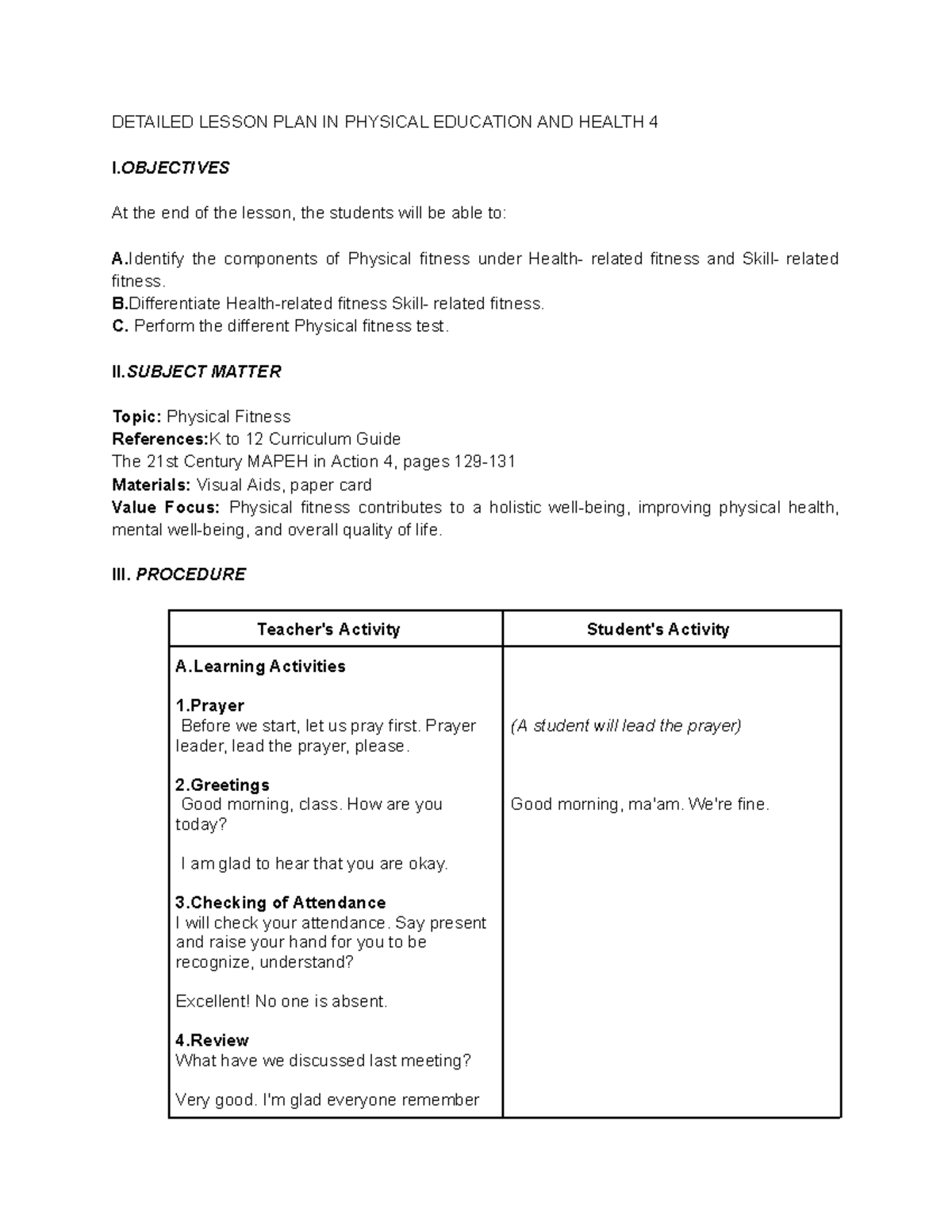 PEH 4: Detailed Lesson Plan on Physical Fitness Components - Studocu