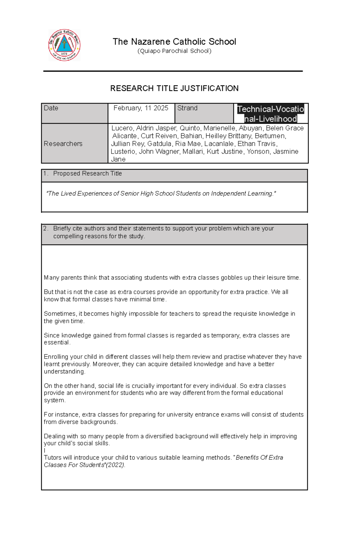 PR1 Form 2 Title Justification - The Nazarene Catholic School (Quiapo ...