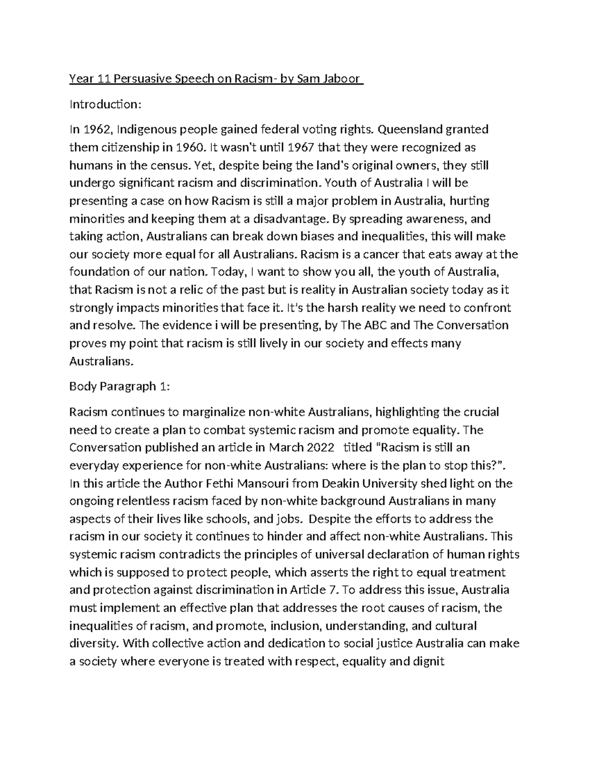 Year 11 Persuasive Speech: Understanding Racism's Ongoing Impact - Studocu