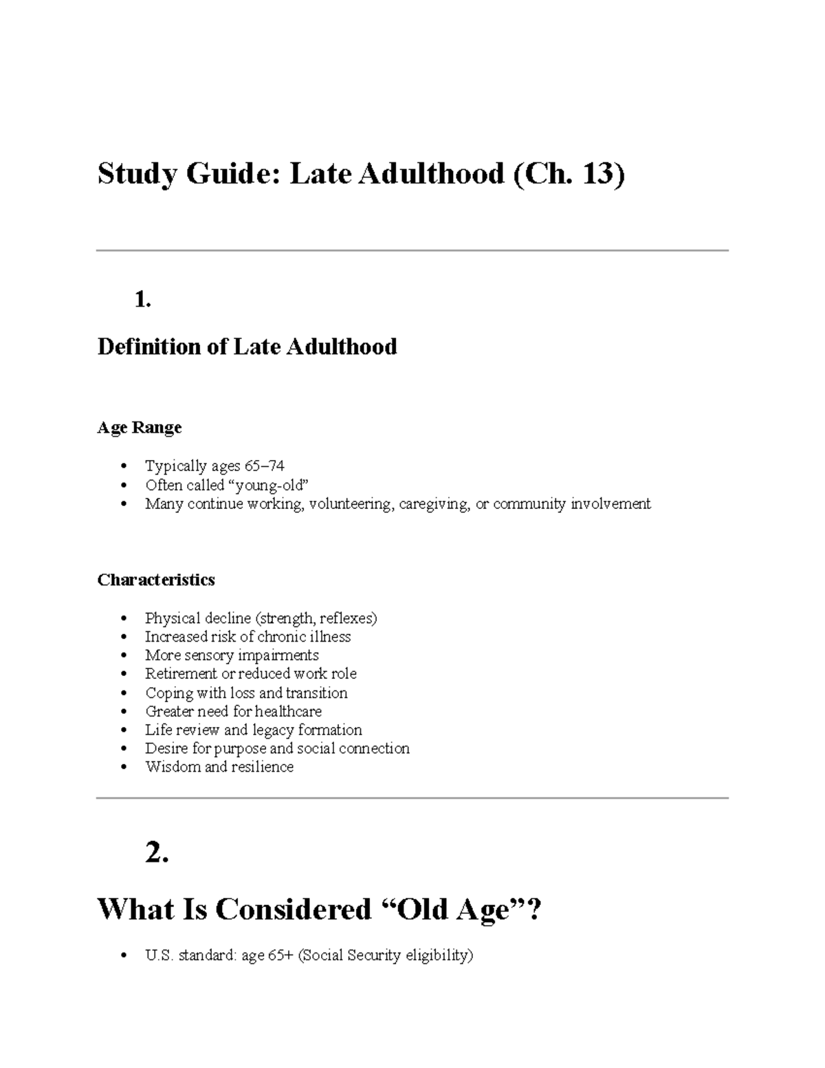 G&D 13: Study Guide on Late Adulthood and Key Concepts - Studocu
