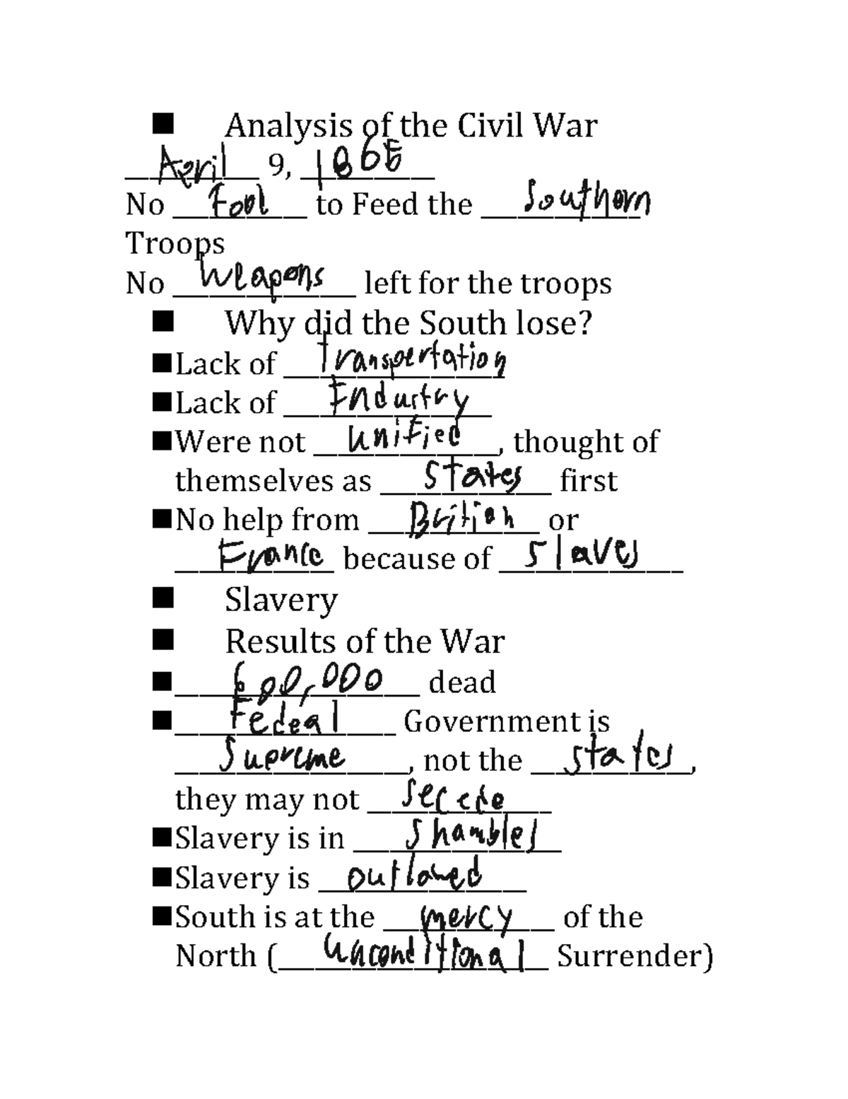 Analysis of the Civil War: Factors Leading to Southern Defeat (HIST 101 ...