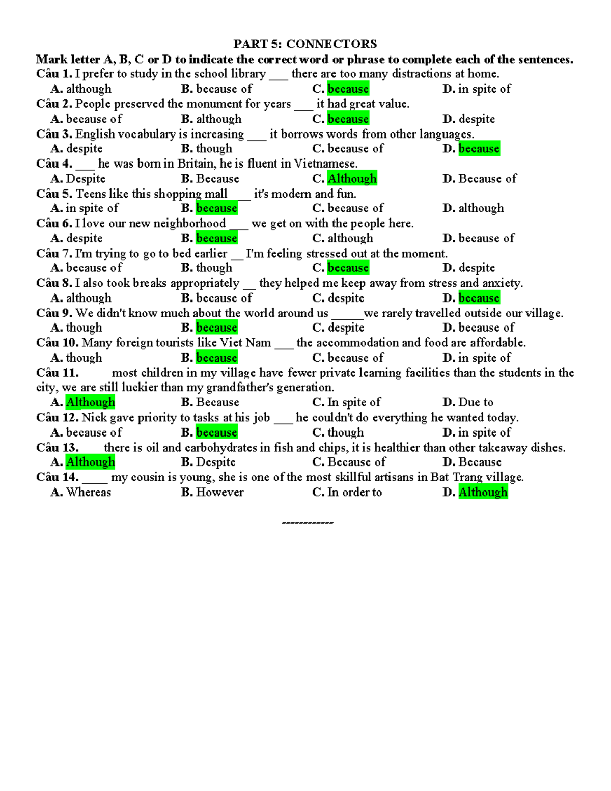 Connectors Formation: Exercises for Sentence Completion - Studocu