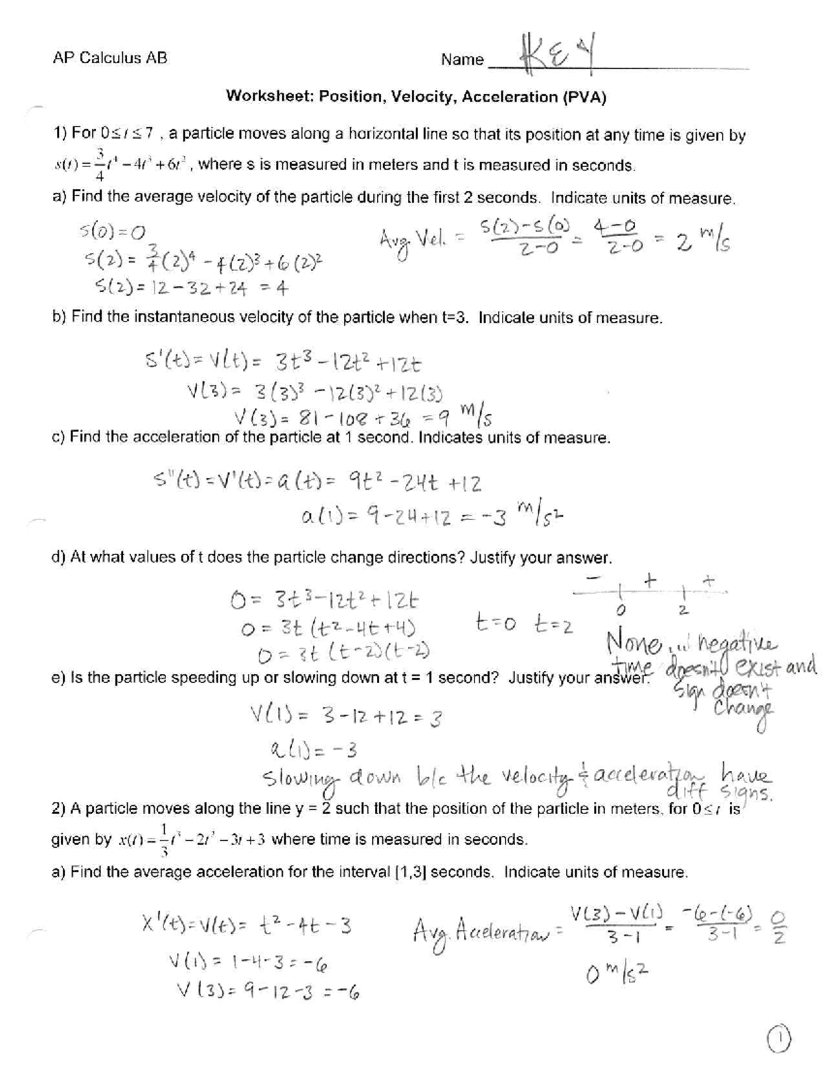 AP Calculus AB Worksheet: Position, Velocity, Acceleration (PVA) Key ...