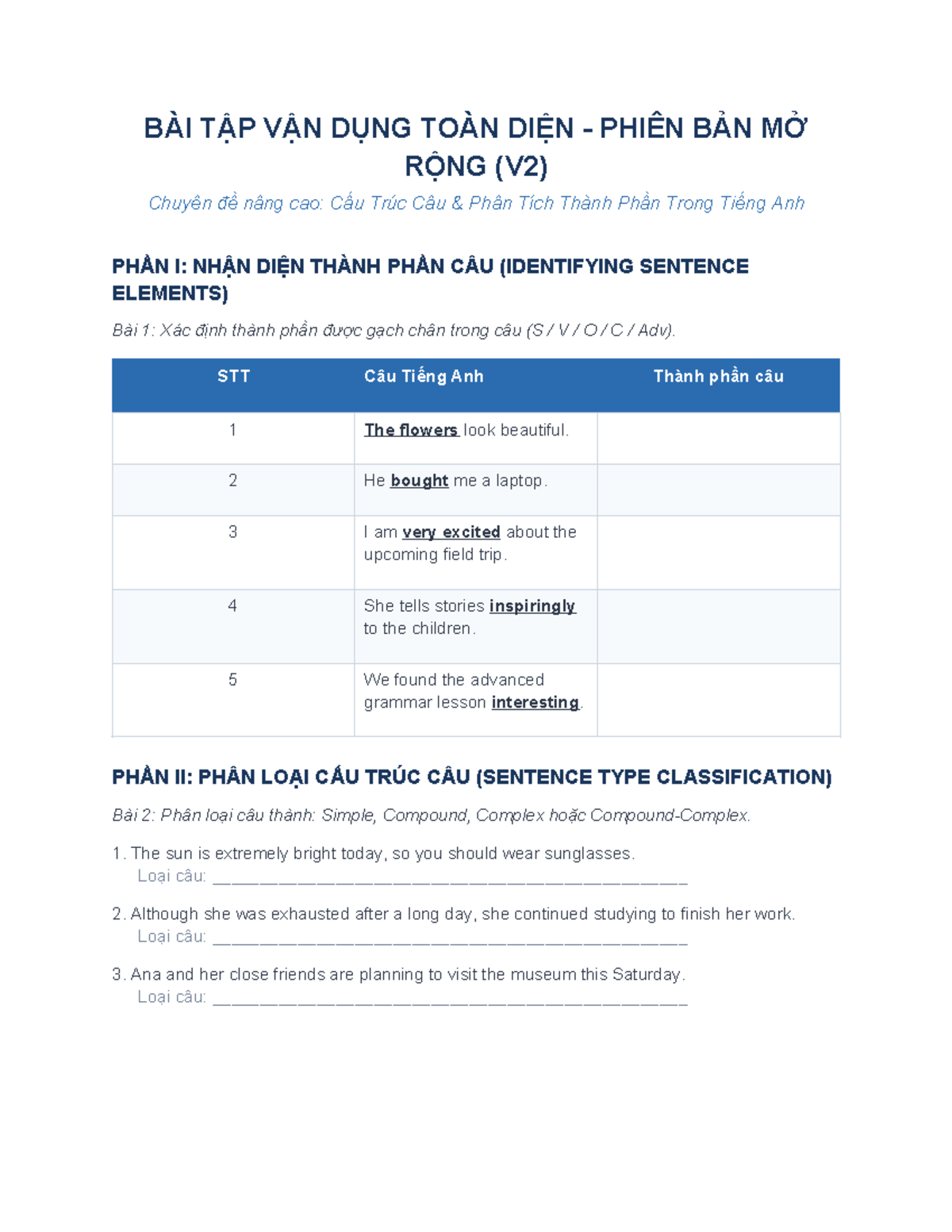 BÀI TẬP CẤU TRÚC CÂU TIẾNG ANH NÂNG CAO V2: PHÂN TÍCH VÀ PHÁT TRIỂN ...