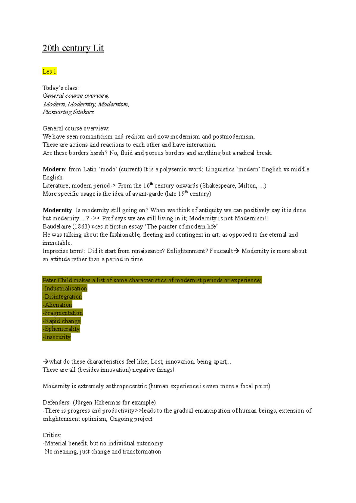 20th century lit - Notes on the class lectures - 20th century Lit Les 1 ...