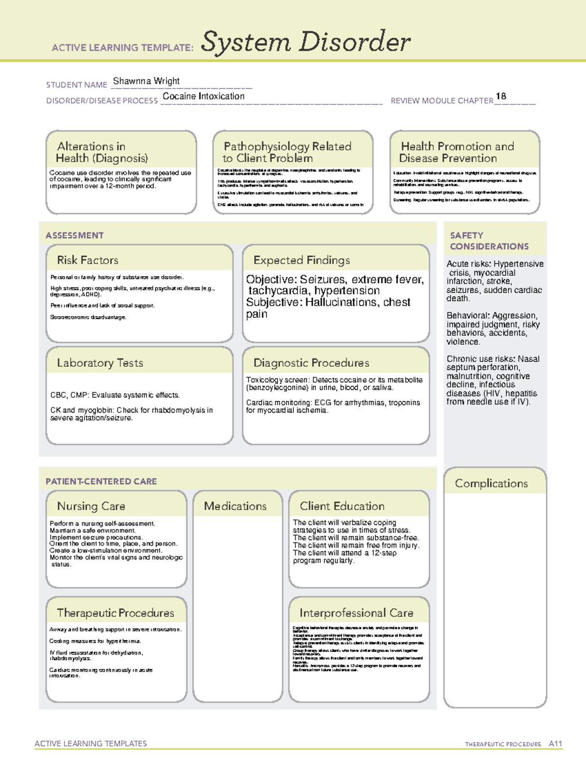 ACTIVE LEARNING TEMPLATE: System Disorder - Cocaine Intoxication - Studocu
