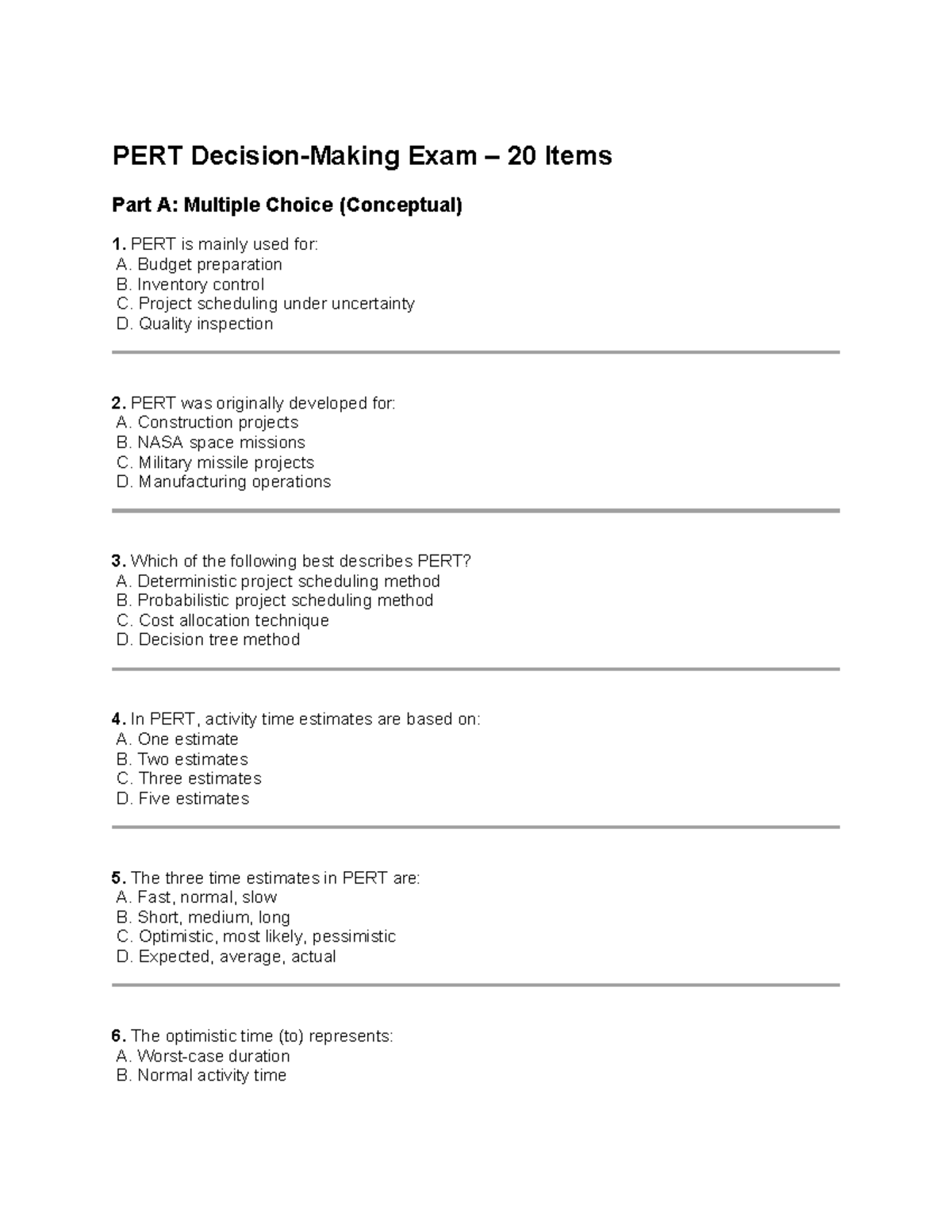 PERT Exam 20 Items: Multiple Choice & Application Questions - Studocu