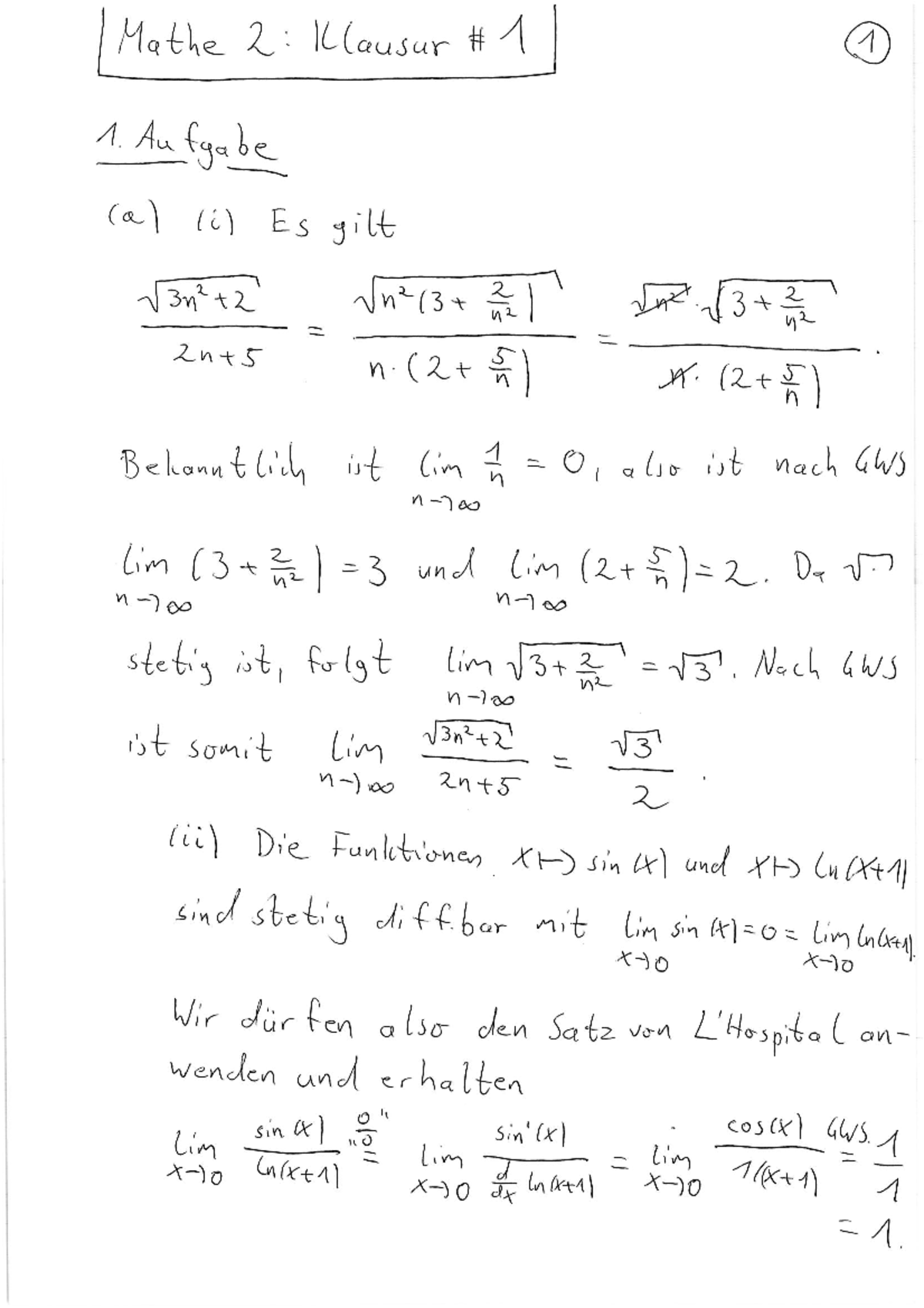 Mathe 2: Klausur #1 Lösungen und Erklärungen zu Aufgaben 1-5 - Studocu