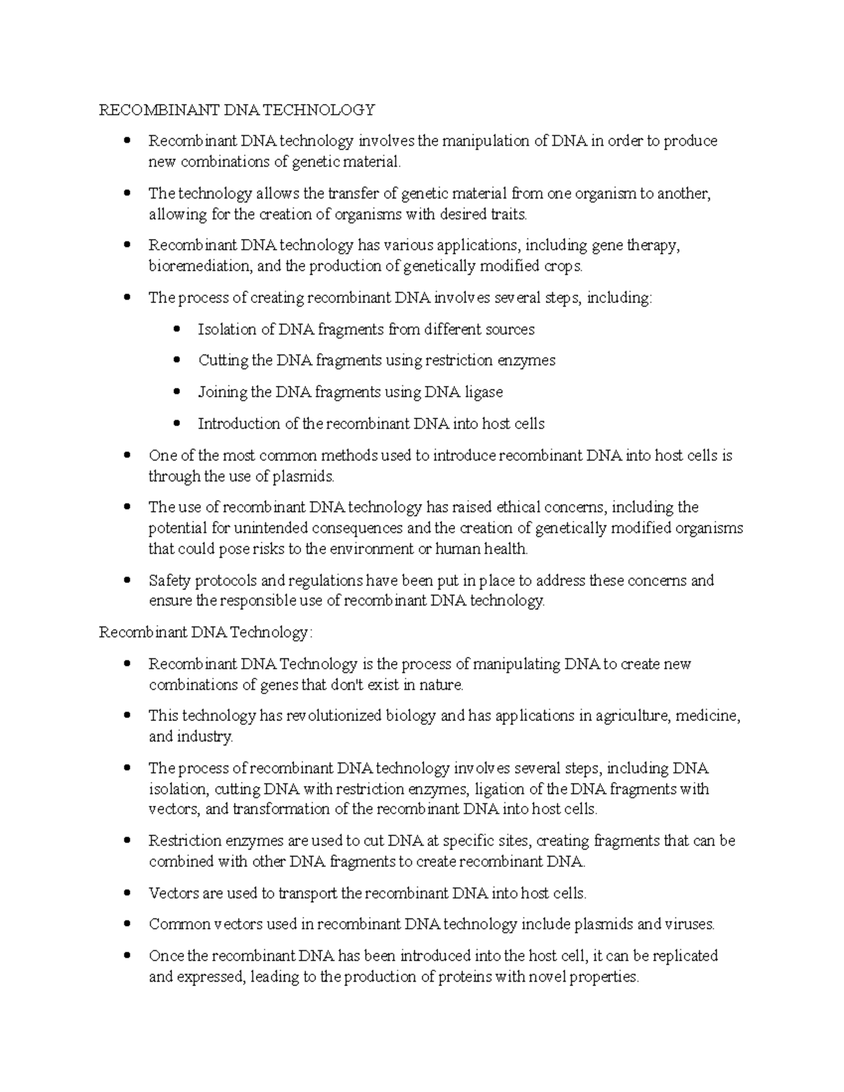 RECOMBINANT DNA TECHNOLOGY: Comprehensive Notes for Study - Studocu