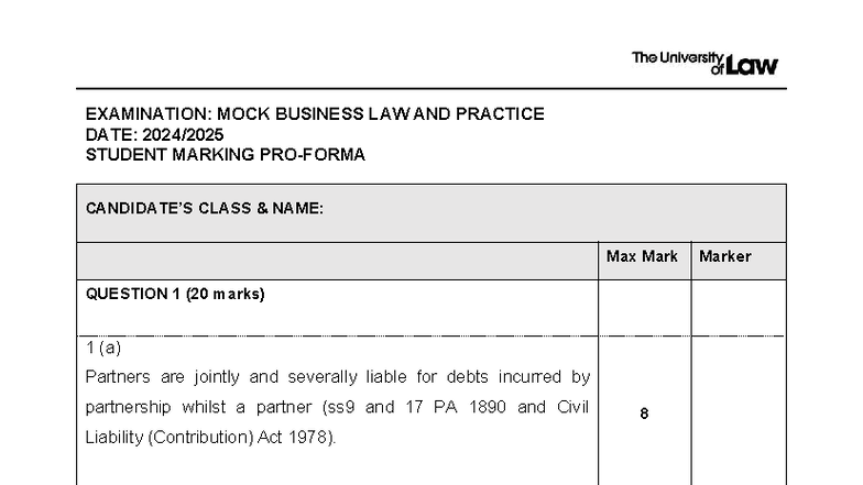 BUSINESS LAW & PRACTICE (BLP CE02) MOCK EXAMINATION MARKING GUIDE - Studocu