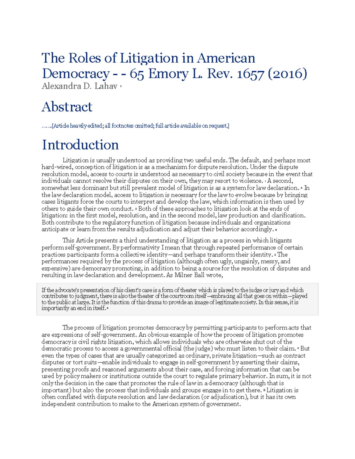 The Impact of Litigation on American Democracy - 65 Emory L. Rev. 1657 ...