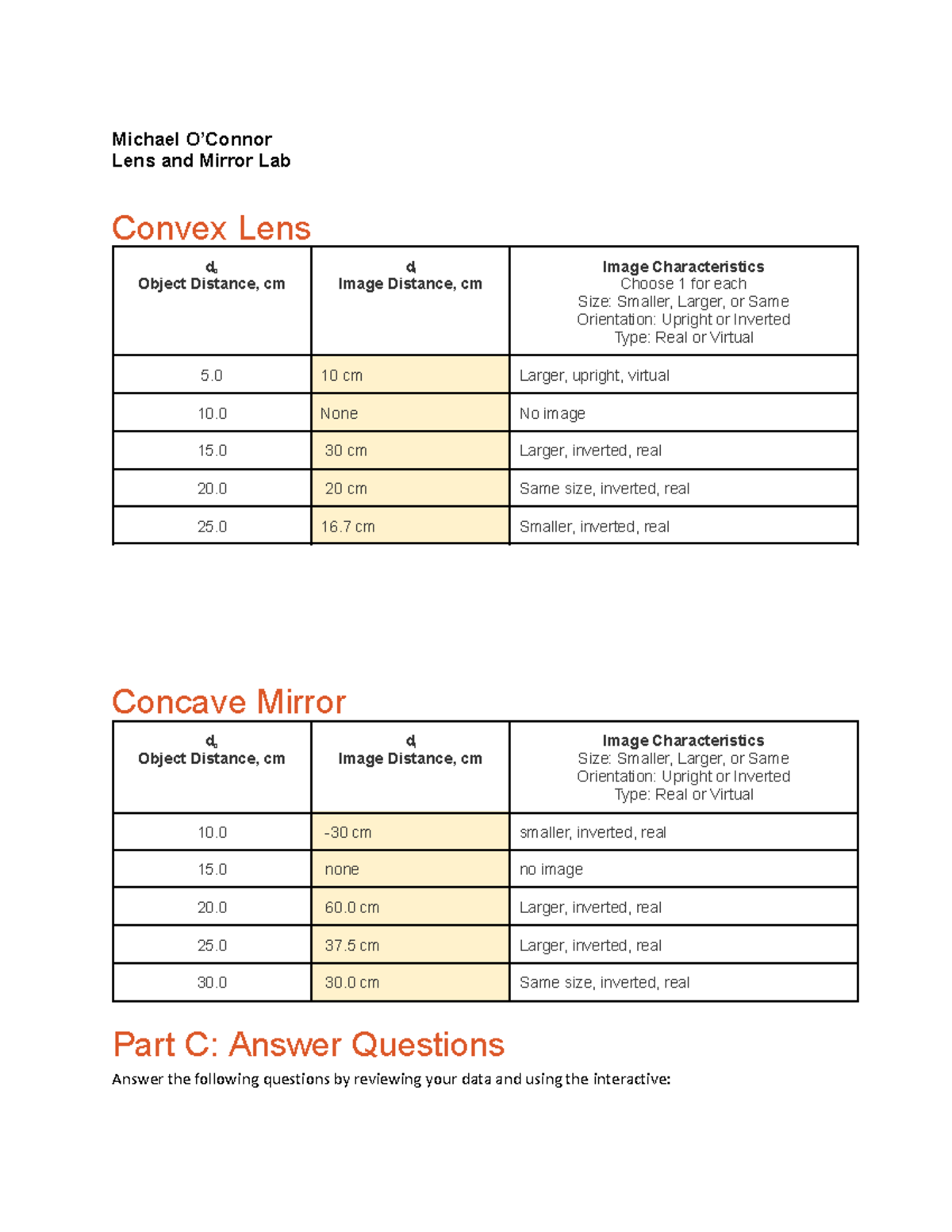 Lens and mirror lab: Convex lens and concave mirror analysis - Studocu