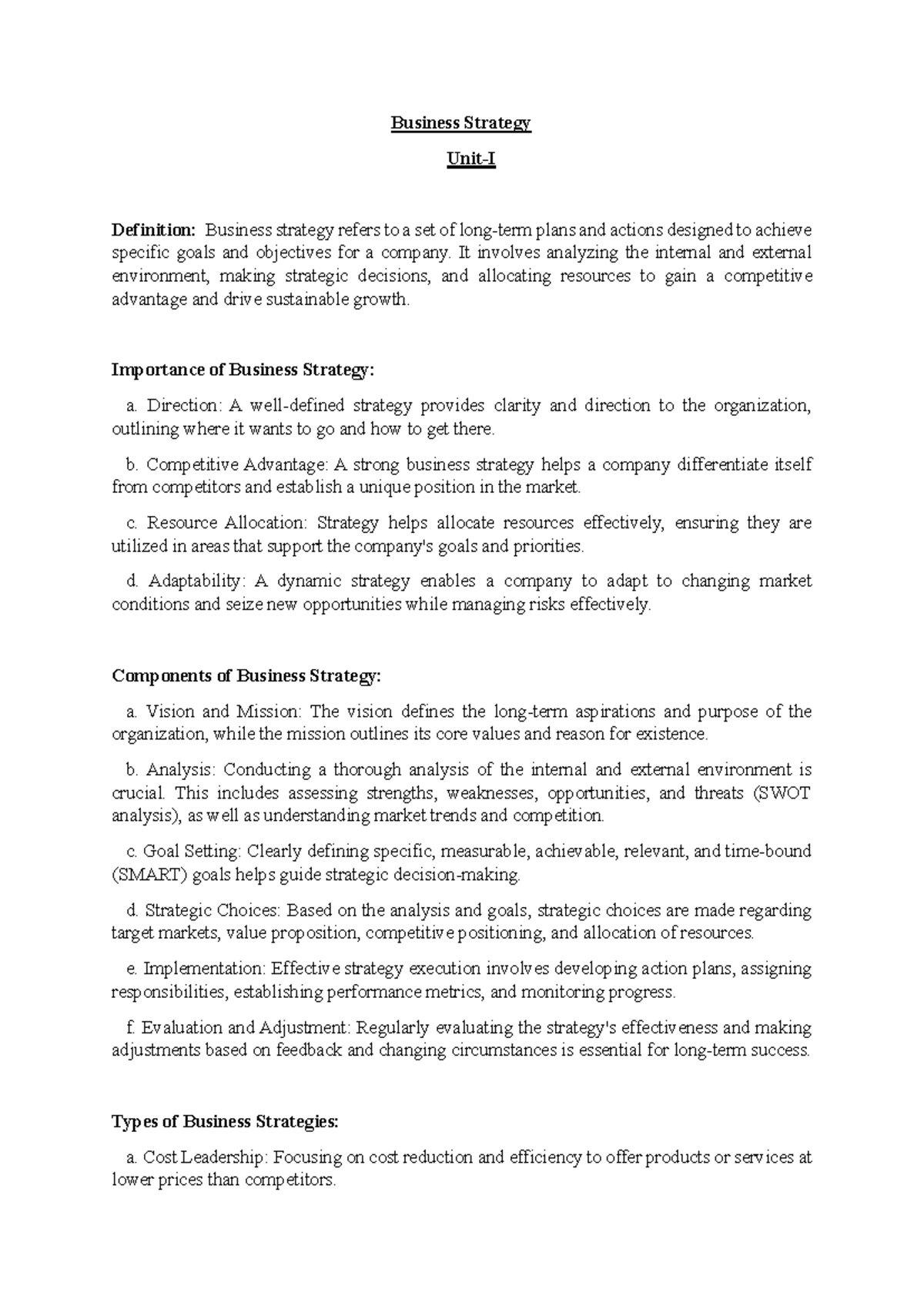 Business Strategy Overview: Key Concepts and Frameworks (UNIT-1) - Studocu