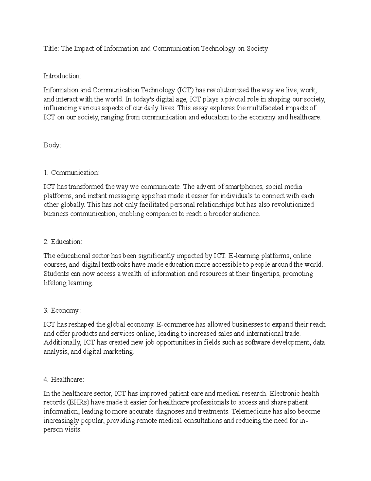 Impacts of ICT on Society: A Comprehensive Analysis (Assignment) - Studocu