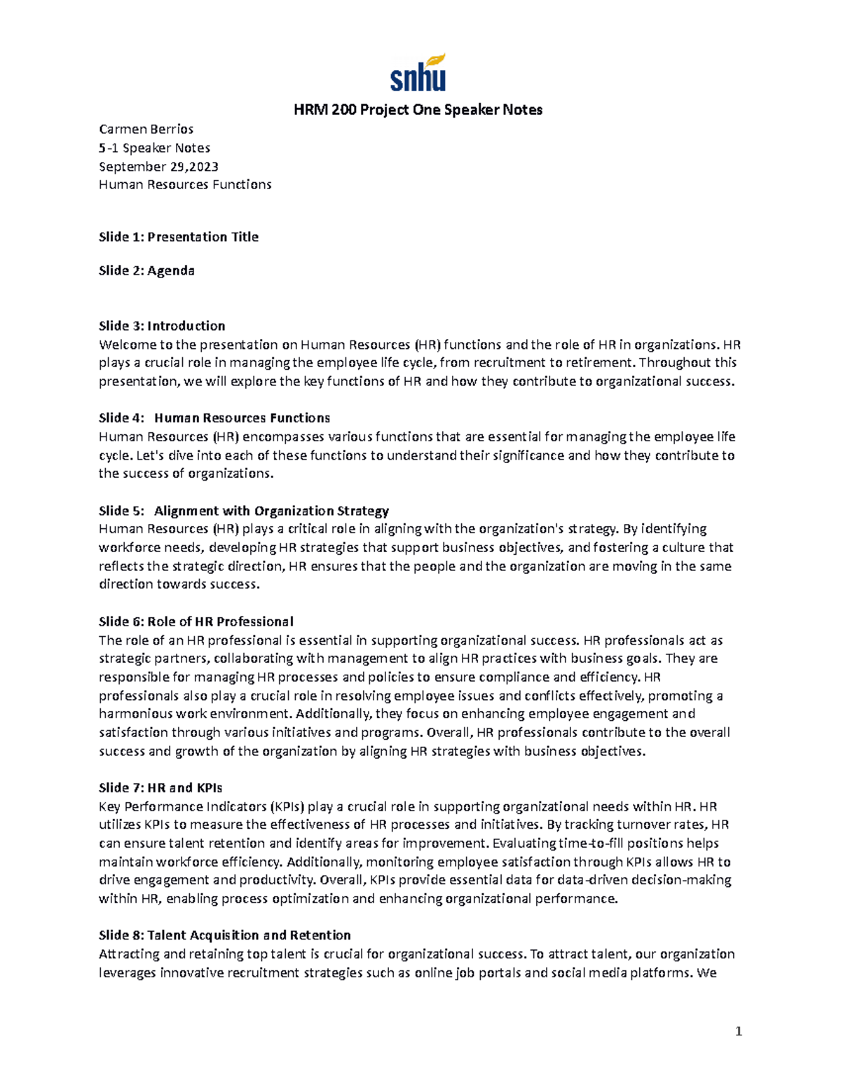 HRM 200 Project One Speaker Notes on HR Functions and Strategies - Studocu