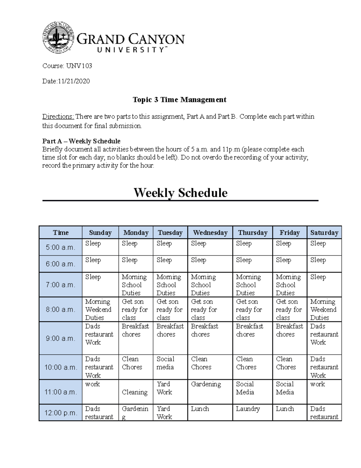 Time Management Schedule - Course: UNV Date:11/21/ Topic 3 Time ...