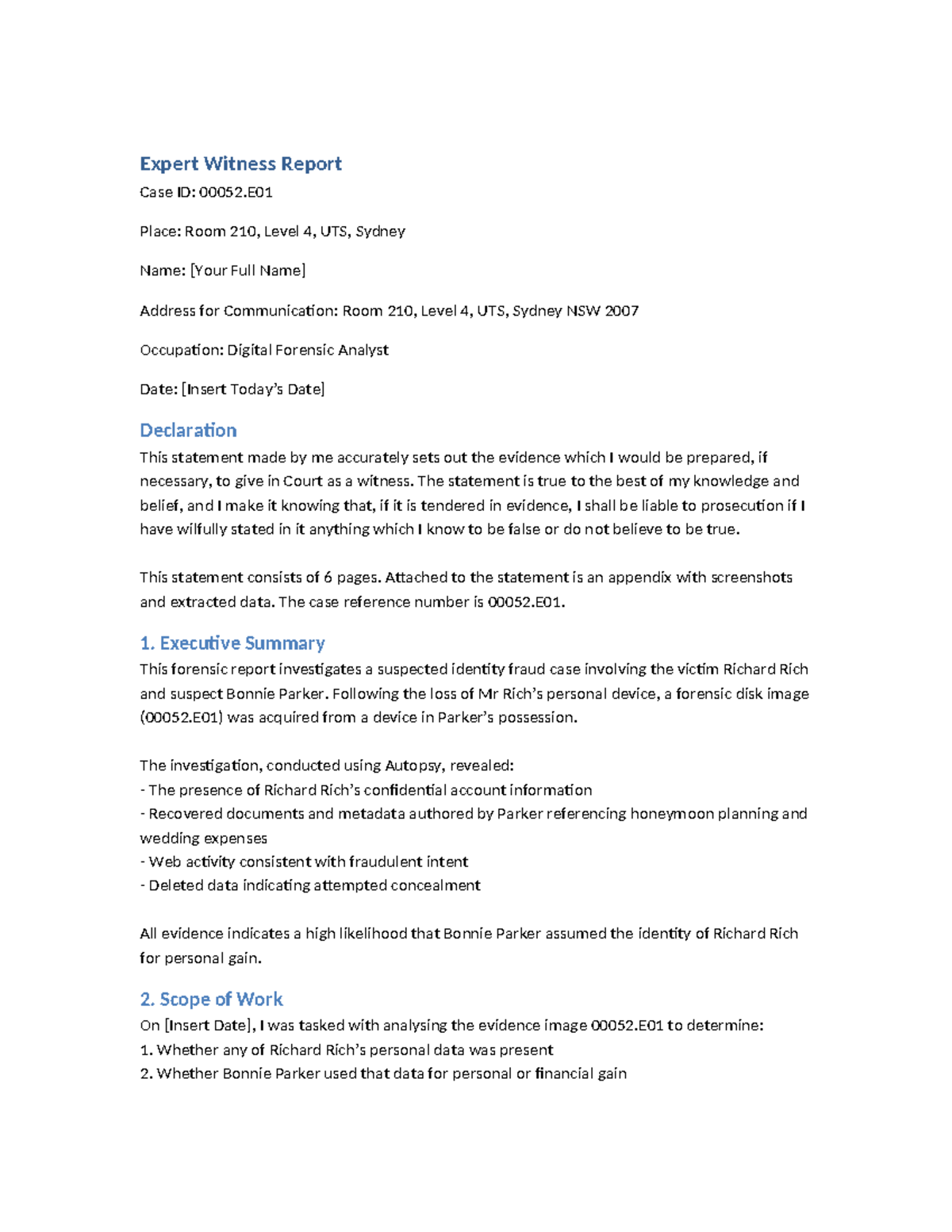 Expert Witness Report: Digital Forensics Case ID 1 - Identity Fraud ...