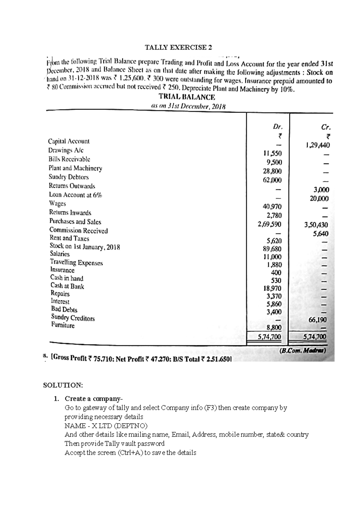 Tally Exercise 2 - TALLY EXERCISE 2 SOLUTION: Create a company- Go to gateway of tally and ...