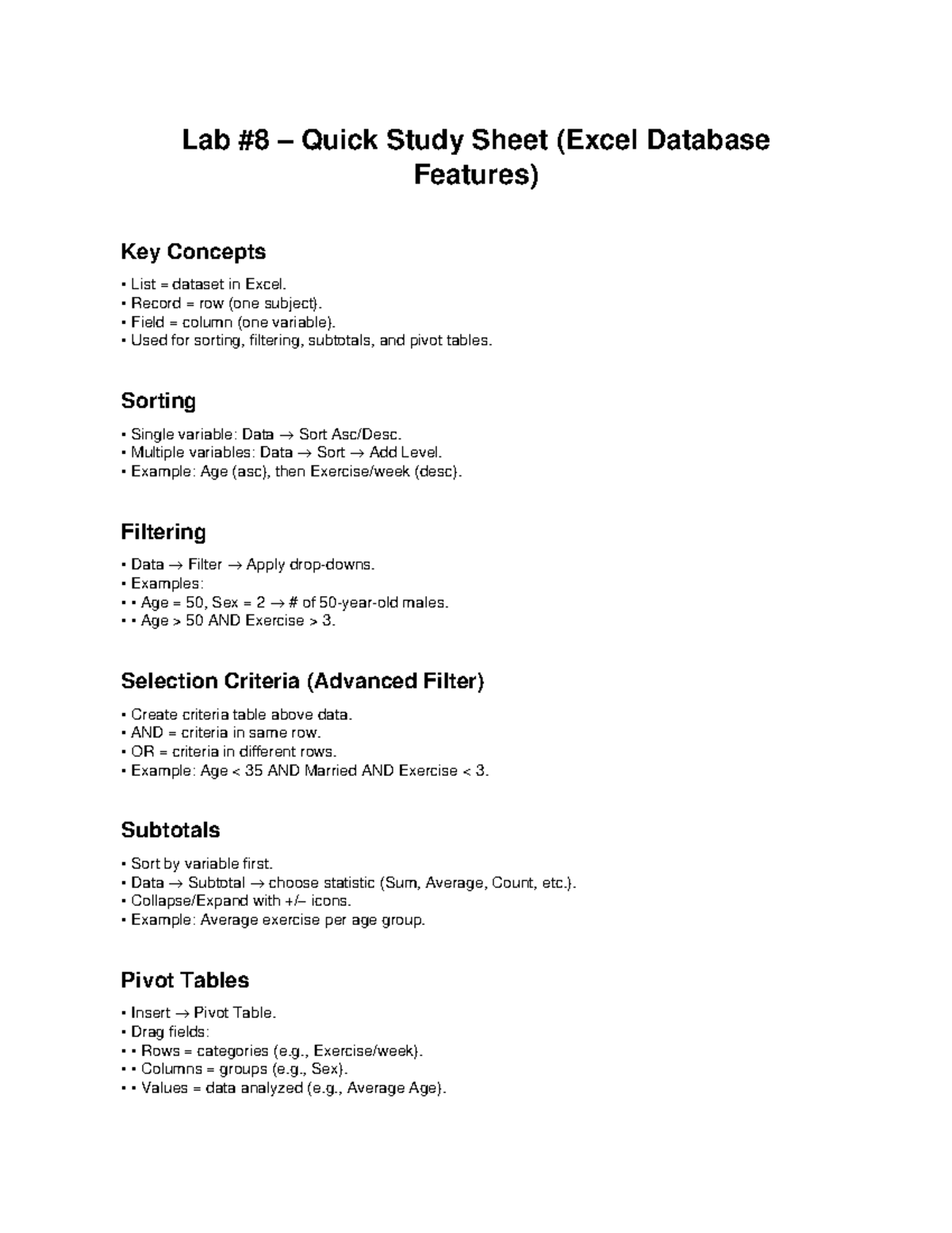 8.Lab - Quick Study Sheet for Excel Database Features - Studocu