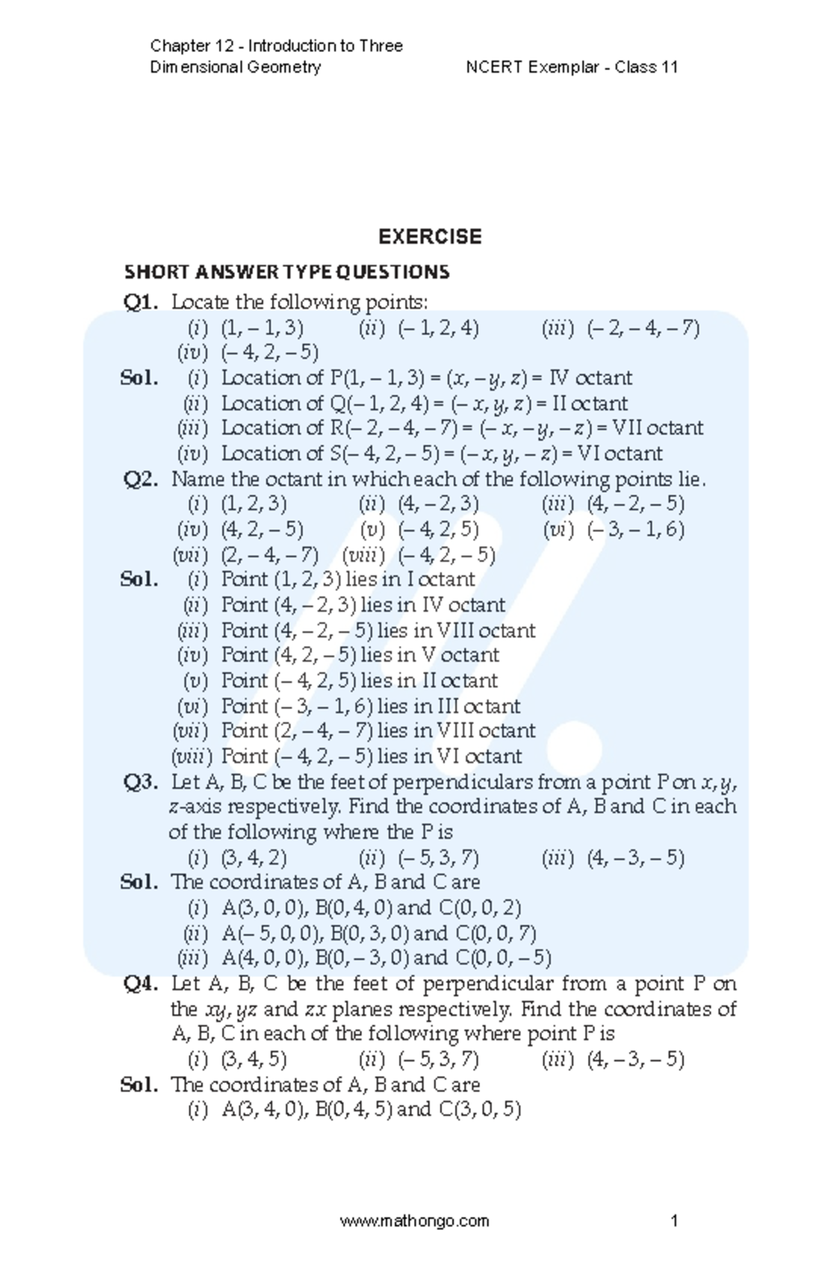 NCERT Exemplar Class 11: Chapter 12 - 3D Geometry Solutions - Studocu