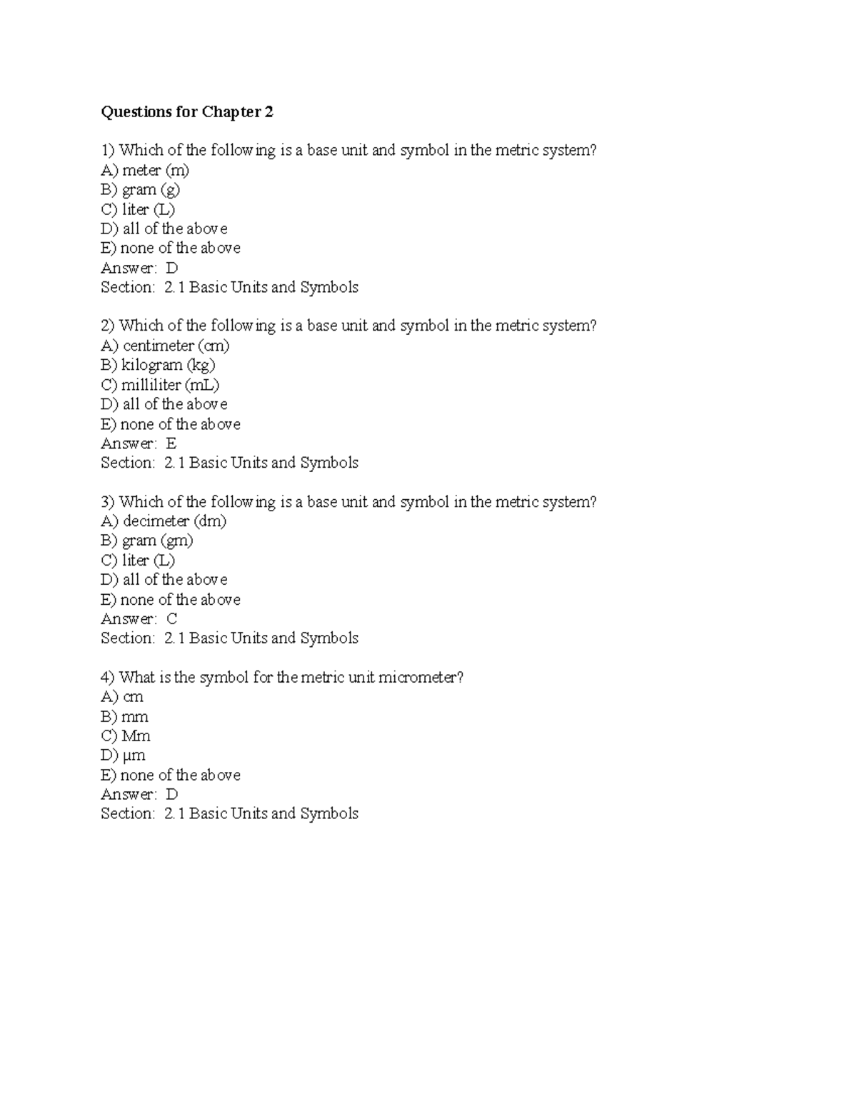 Key Questions for Chapter 2: Metric System Units and Conversions - Studocu