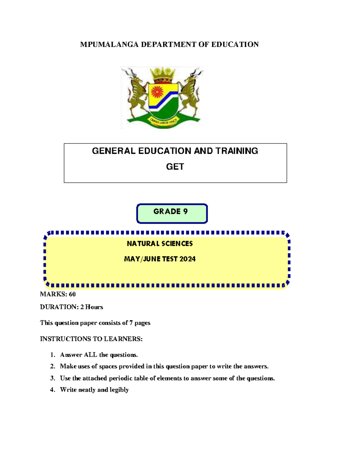 GET Grade 9 Natural Sciences Test 2024 - MPUMALANGA DEPT OF EDUCATION ...