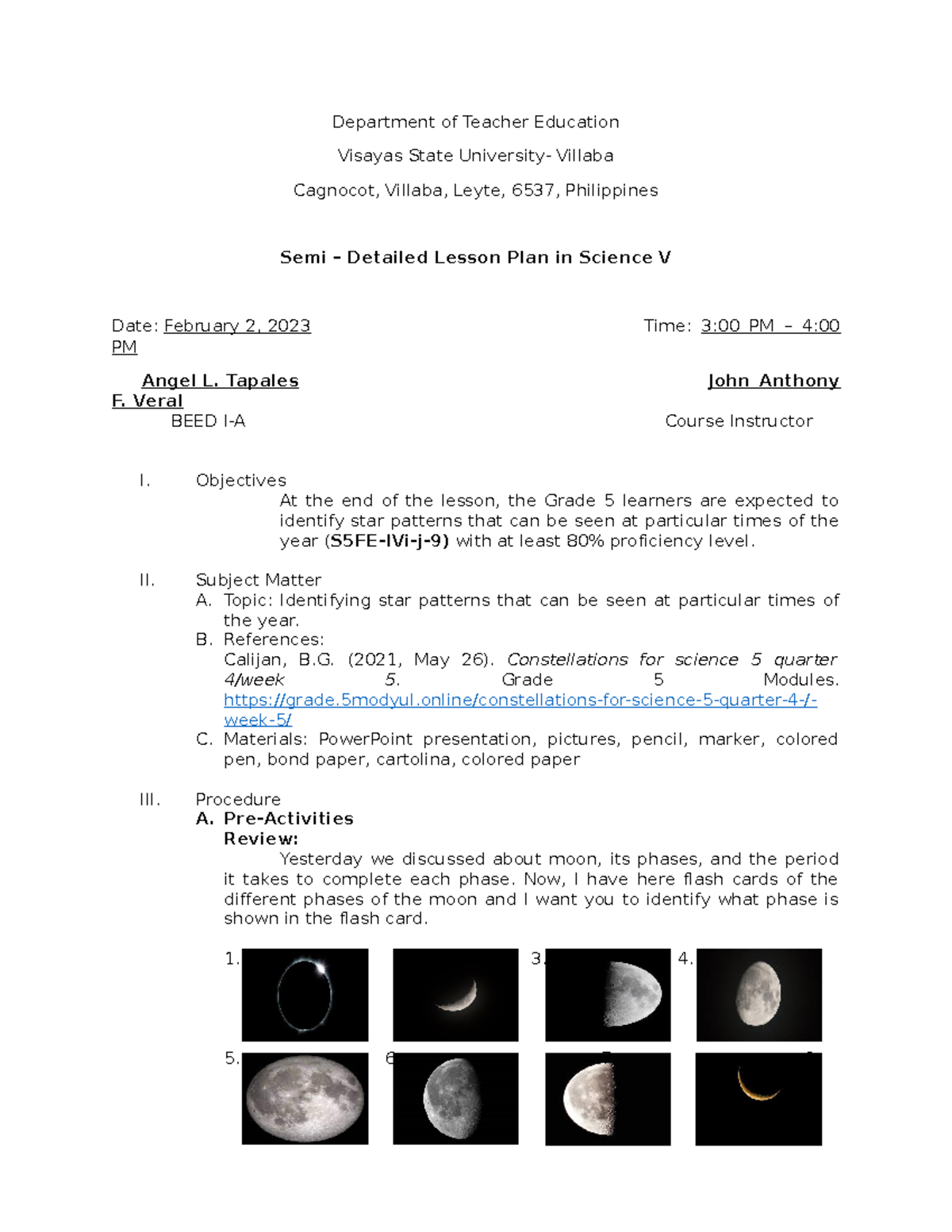 Semi-Detailed Lesson Plan on Star Patterns (Science V) - Studocu