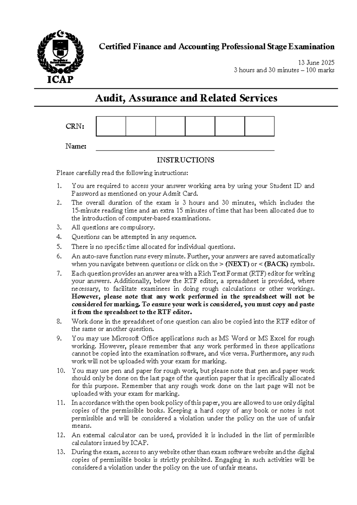CFAP 6 Summer 2025 - Audit, Assurance & Related Services Exam ...