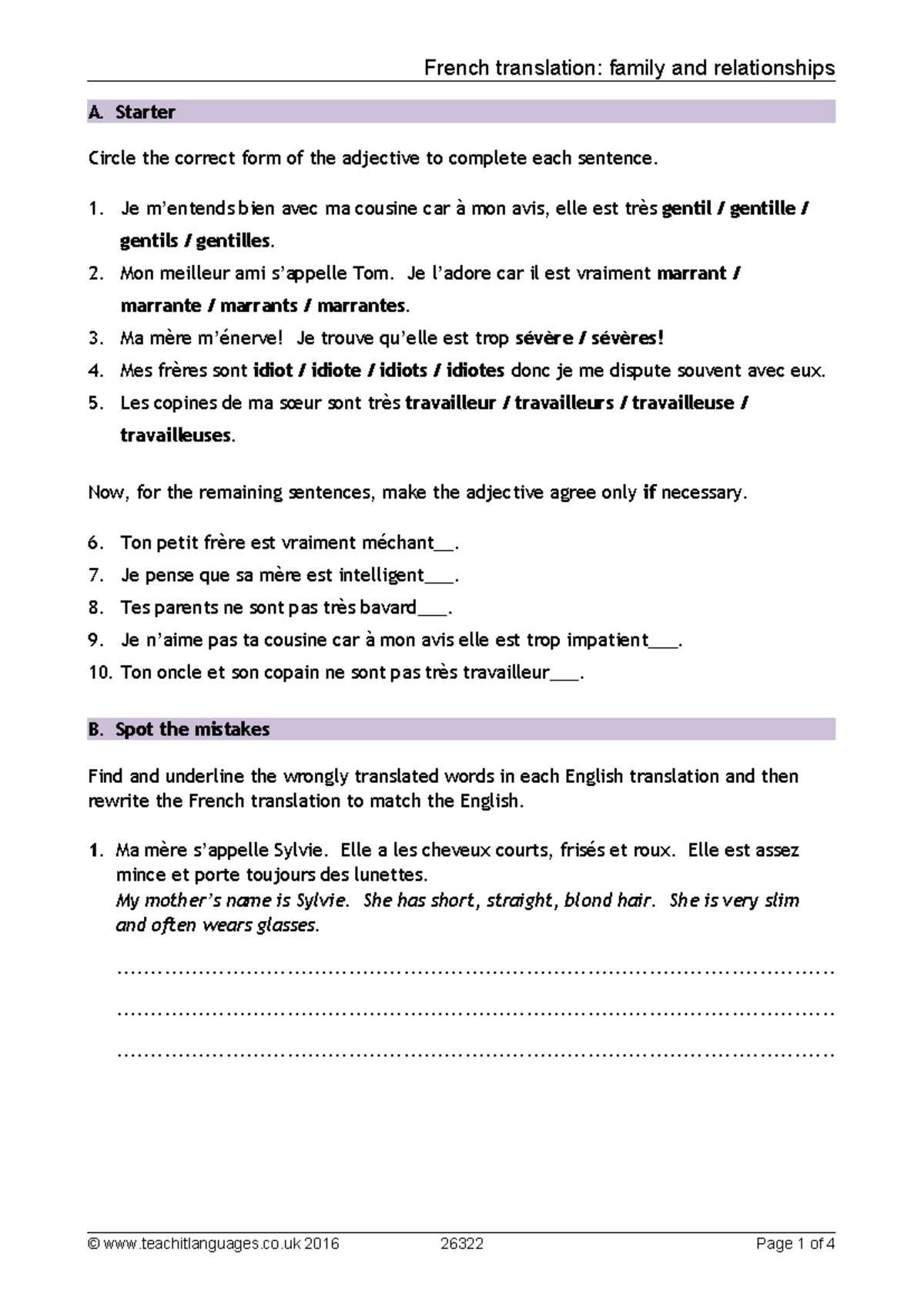 French Translation: Family and Relationships Exercises (26322) - Studocu