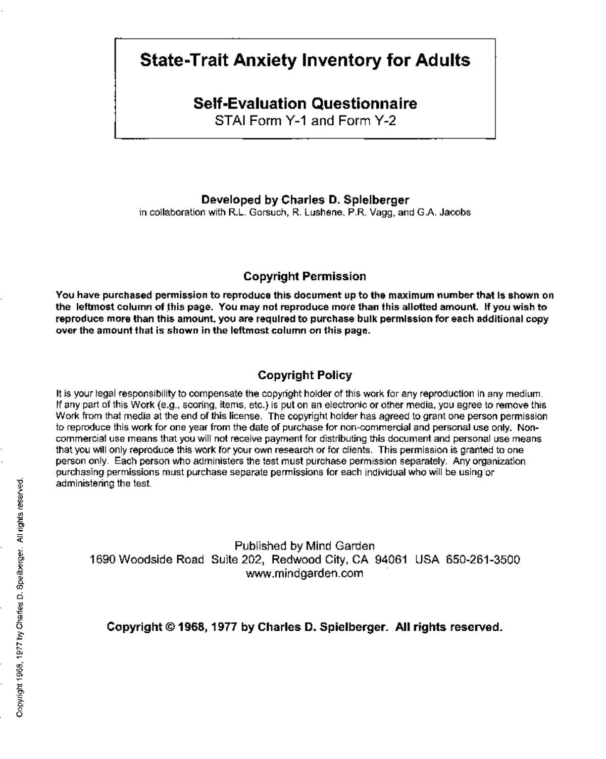 State-Trait Anxiety Inventory (STAI) Form Y-1 & Y-2 Guide - Studocu