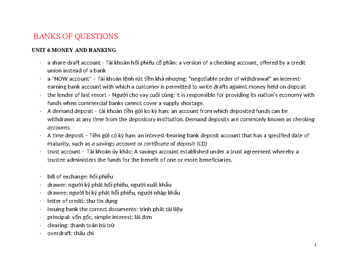 BANKS OF QUESTIONS UNIT 6: MONEY AND BANKING (2022-2023) - Studocu