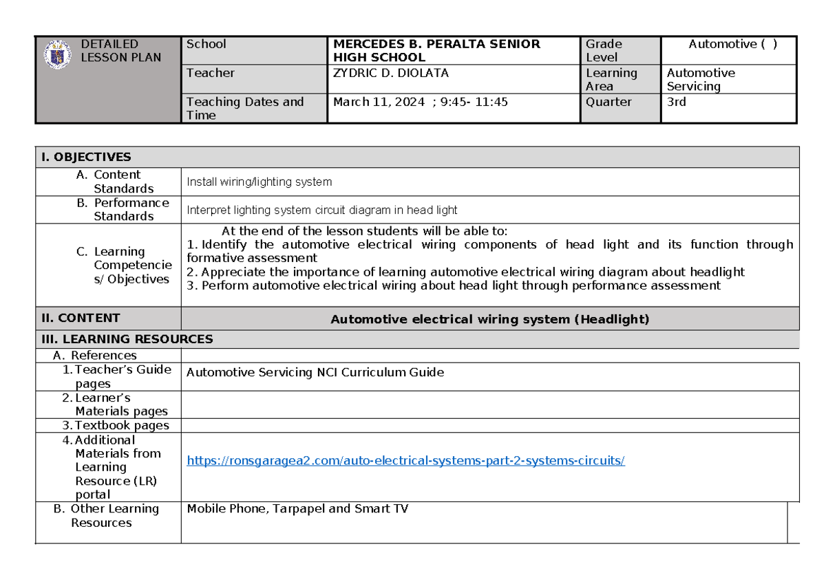 DLP-Headlight - Action Research - DETAILED LESSON PLAN School MERCEDES ...