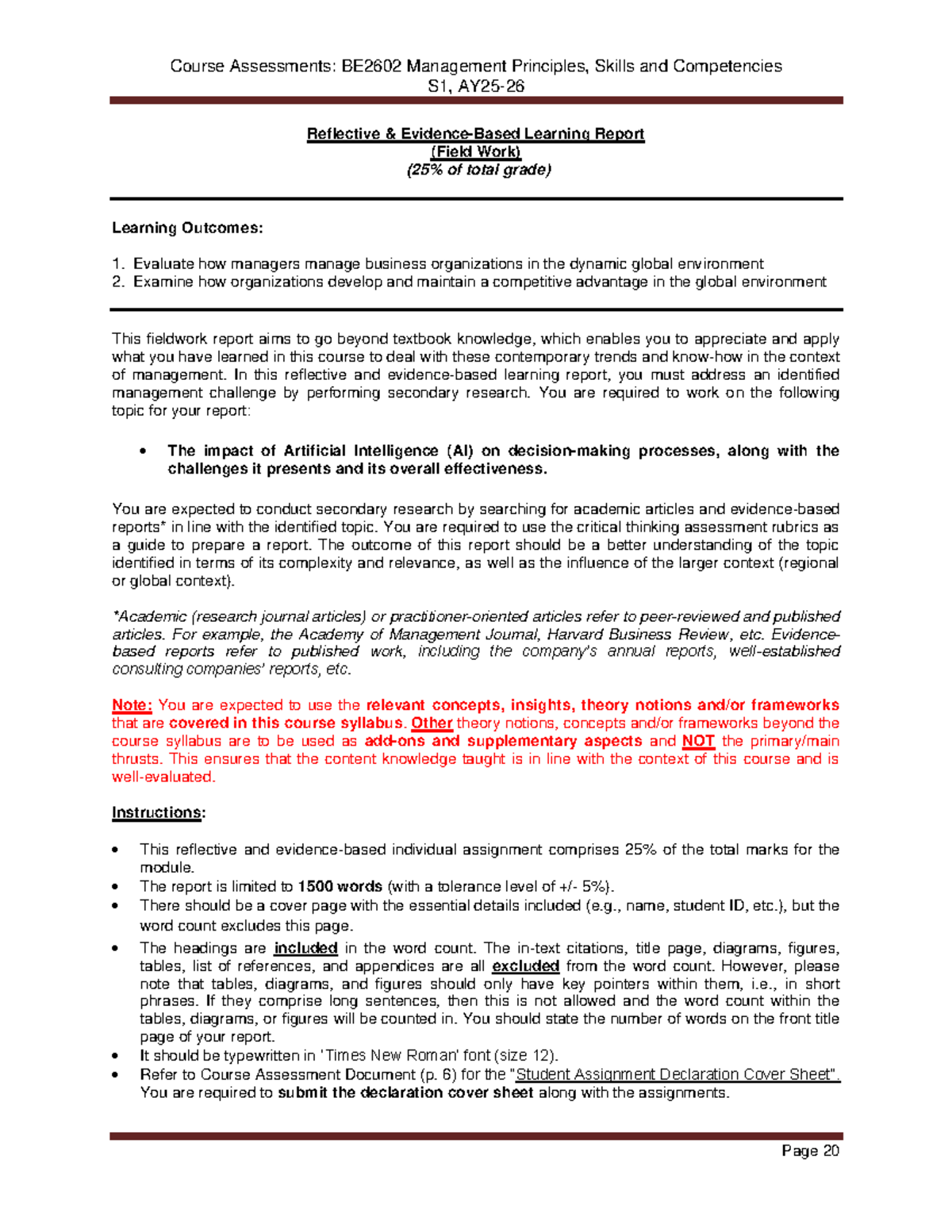 Reflective Learning Report: BE2602 Management Principles on AI Impact ...