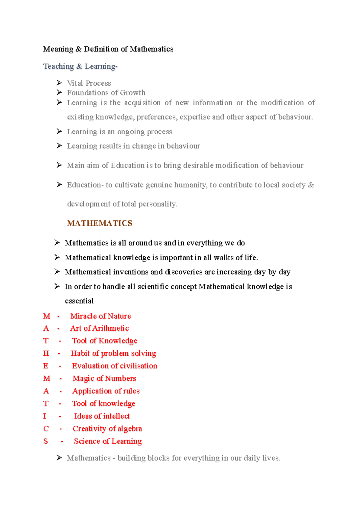 Unit 1 Introduction to Mathematics - Meaning & Definition of ...