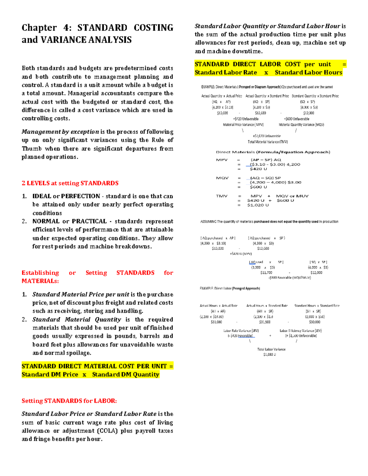 Chapter 4 - Standard Costing & Variance Analysis Overview - Studocu