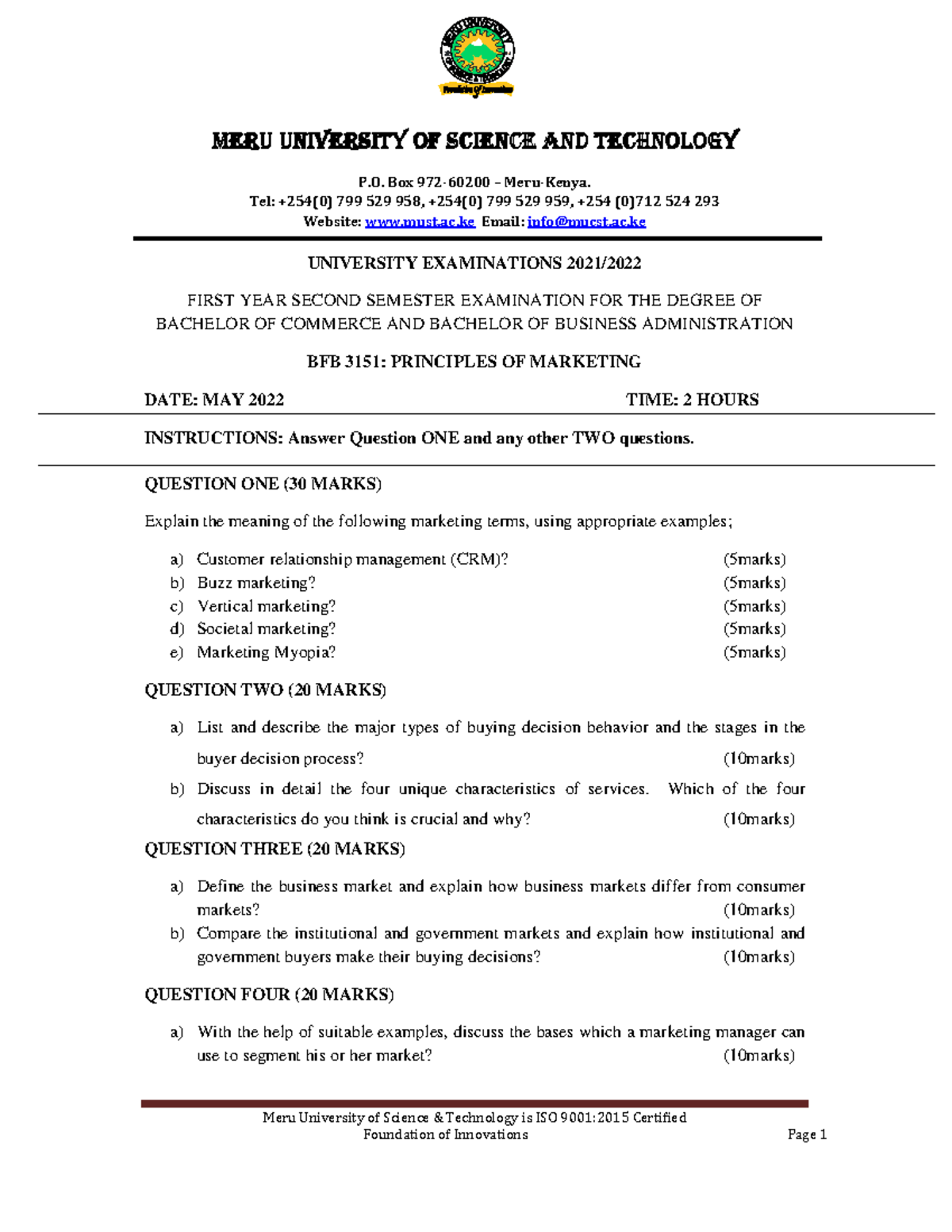 BFB 3351: Principles of Marketing - Exam Questions & Guidelines - Studocu