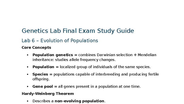 Genetics Lab 6 Final Exam Study Guide: Evolution of Populations - Studocu