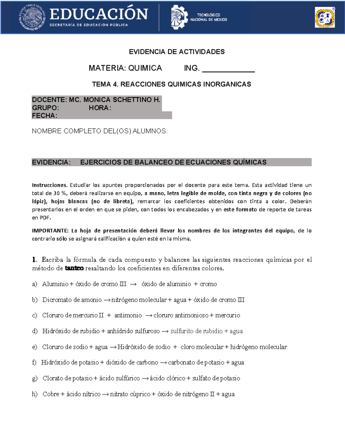 Balanceo de ecuaciones quimicas - EVIDENCIA DE ACTIVIDADES MATERIA ...