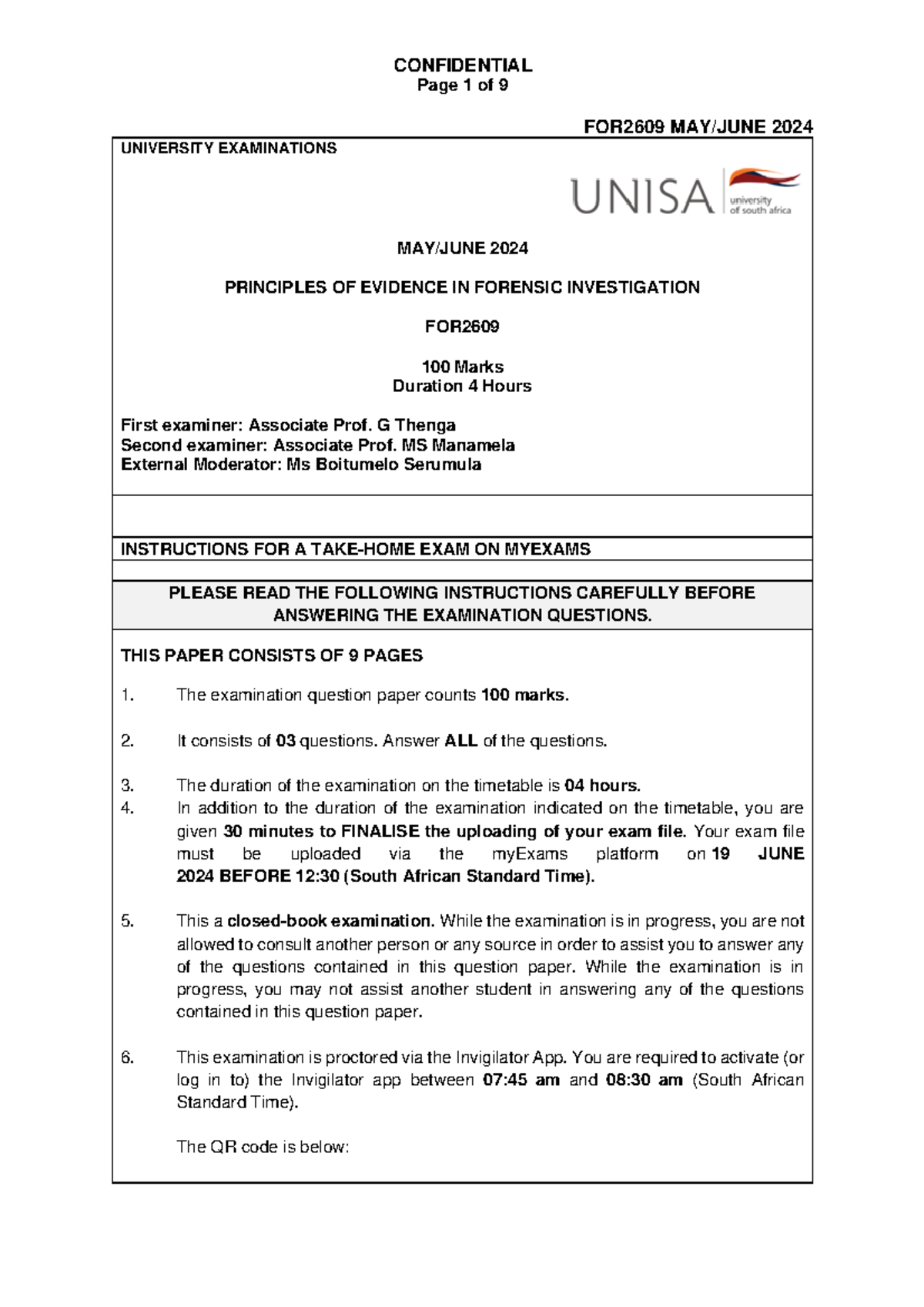 FOR2609 2024 Final Exam: Principles of Evidence in Forensic ...