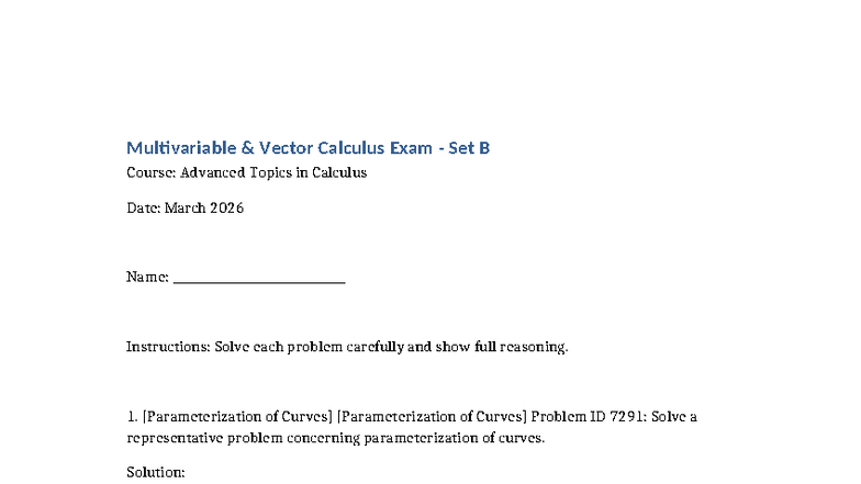 Math 3473 Multivariable Vector Calculus Exam Set B Solutions - Studocu