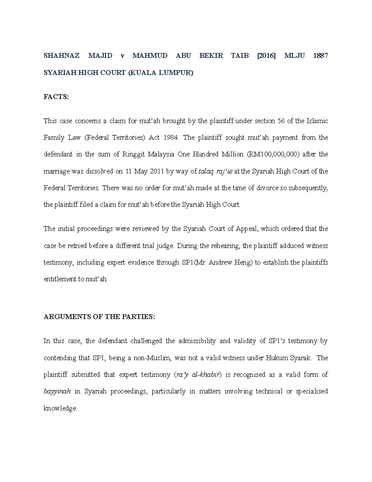 SHAHNAZ MAJID v MAHMUD ABU BEKIR TAIB: Expert Witnesses in Syariah Law ...