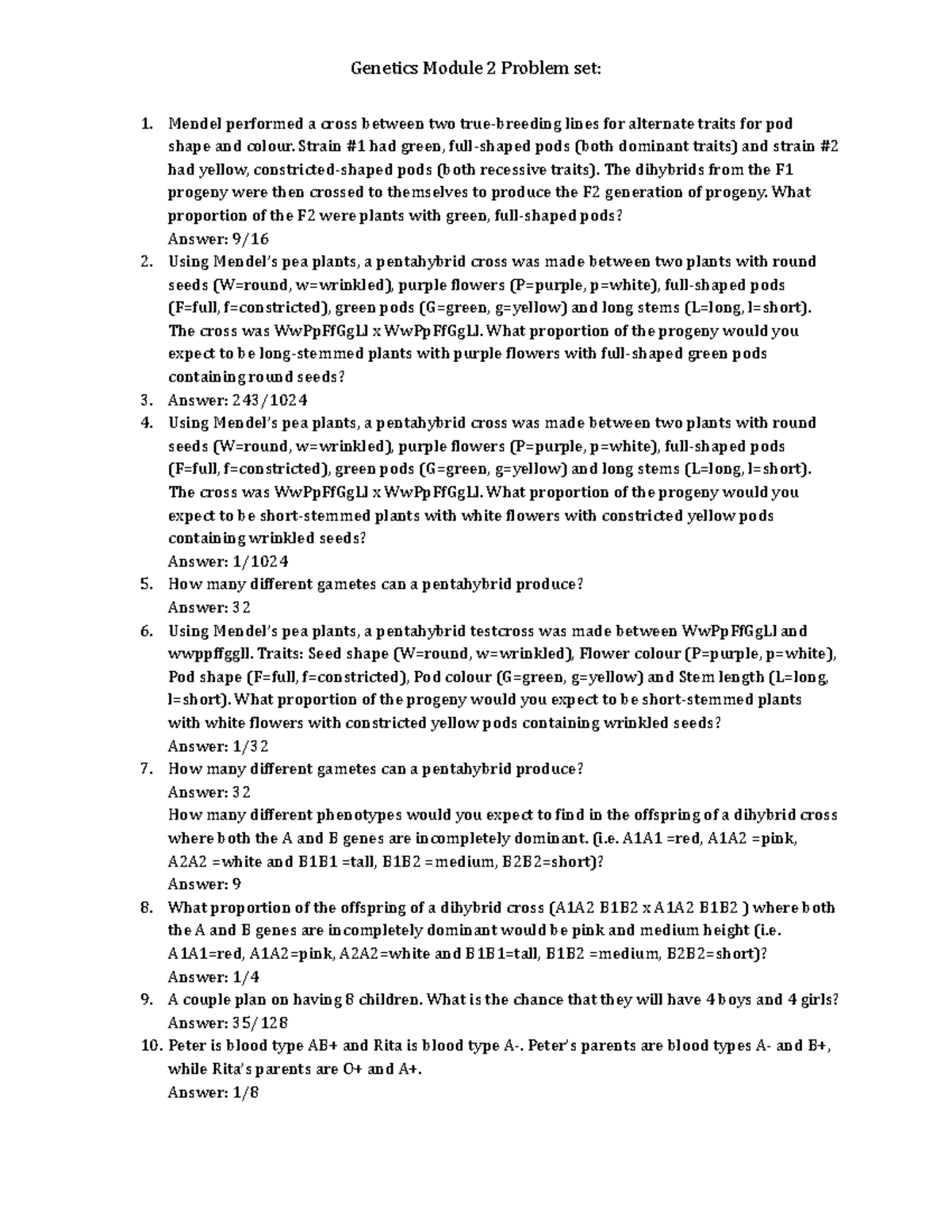 Genetics Module 2 Problem Set: Mendelian Inheritance Exercises - Studocu