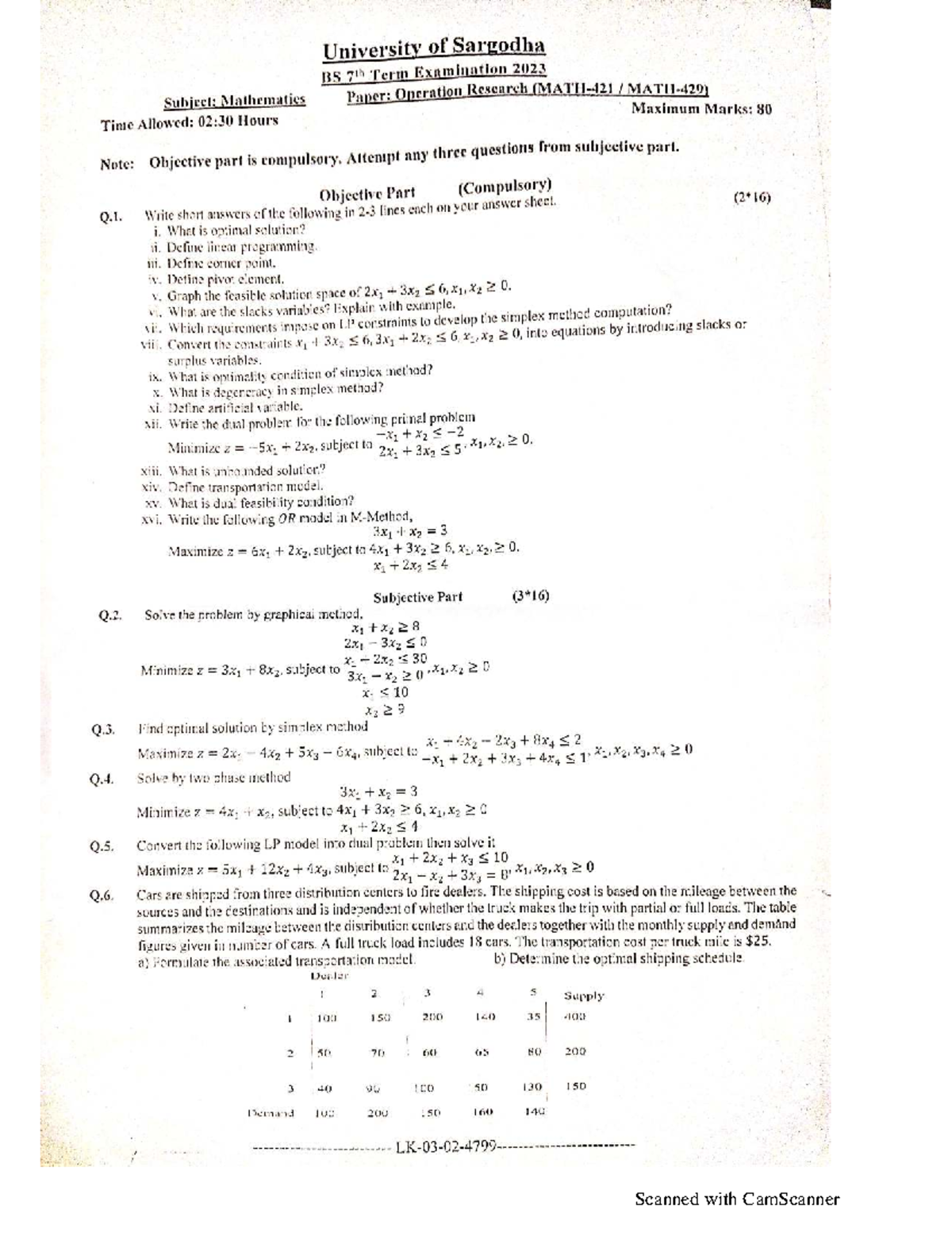 Operational Research BS 7th Term Exam 2023 - Mathematics Paper - Studocu