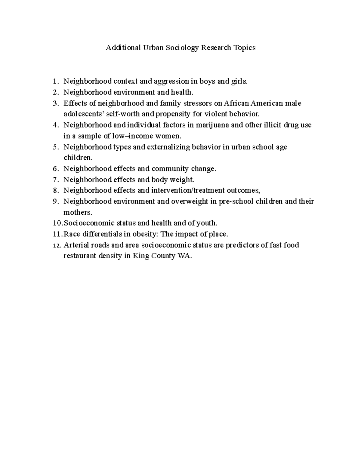 Additional Urban Sociology Research Topics - Neighborhood context and ...