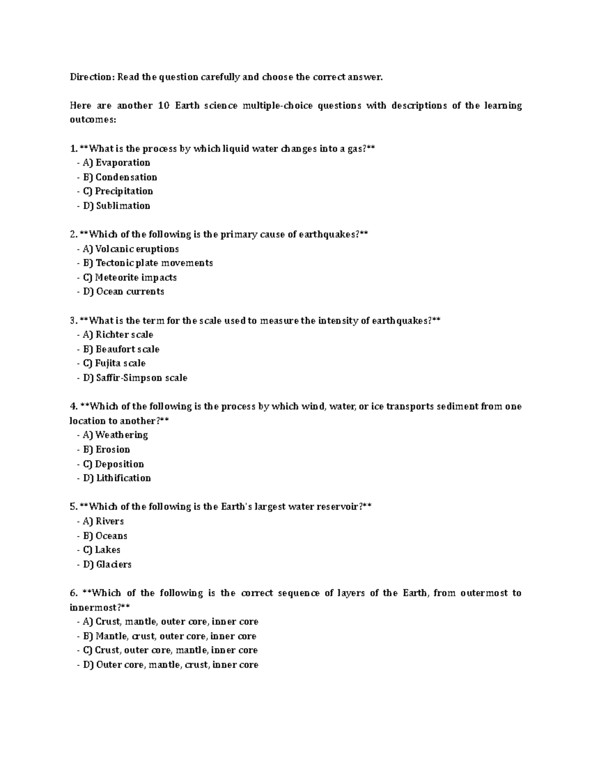 EE54 - Earth Science Quiz: Key Concepts and Learning Outcomes - Studocu
