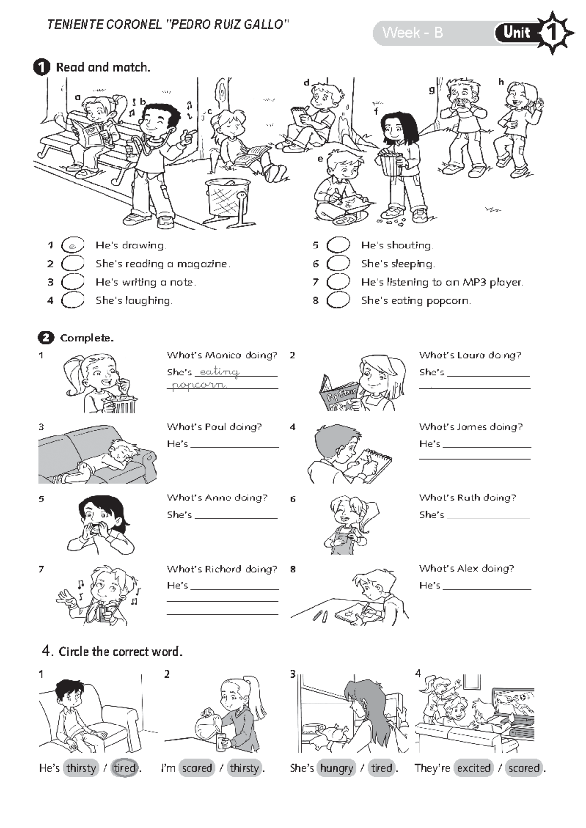 3b - present simple - Reinforcement฀? Unit฀ ? 1 Read and match. 2 Complete. What’s Monica doing ...