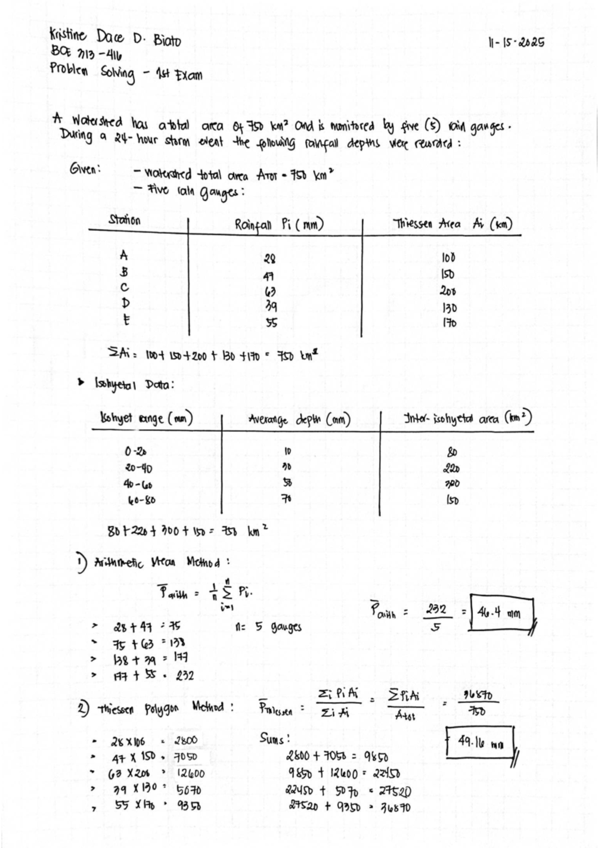 BOE 313 Problem Solving 1st Exam: Watershed Rainfall Analysis - Studocu