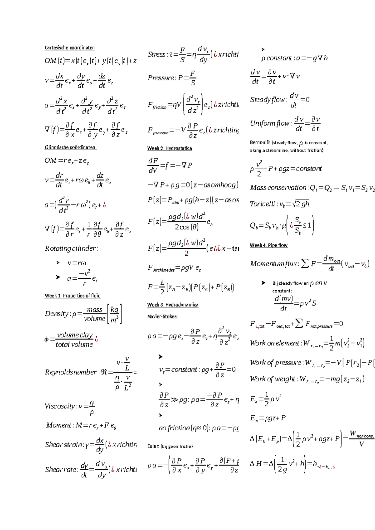 Fluid Formulas Sheet for Resit Exam (Course Code: Fluid Mechanics ...