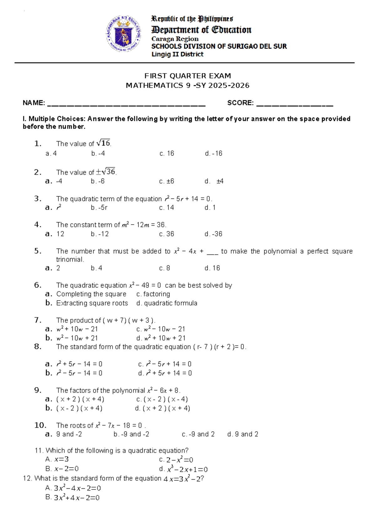 Mathematics 9 First Quarter Exam Review and Answer Key - Studocu