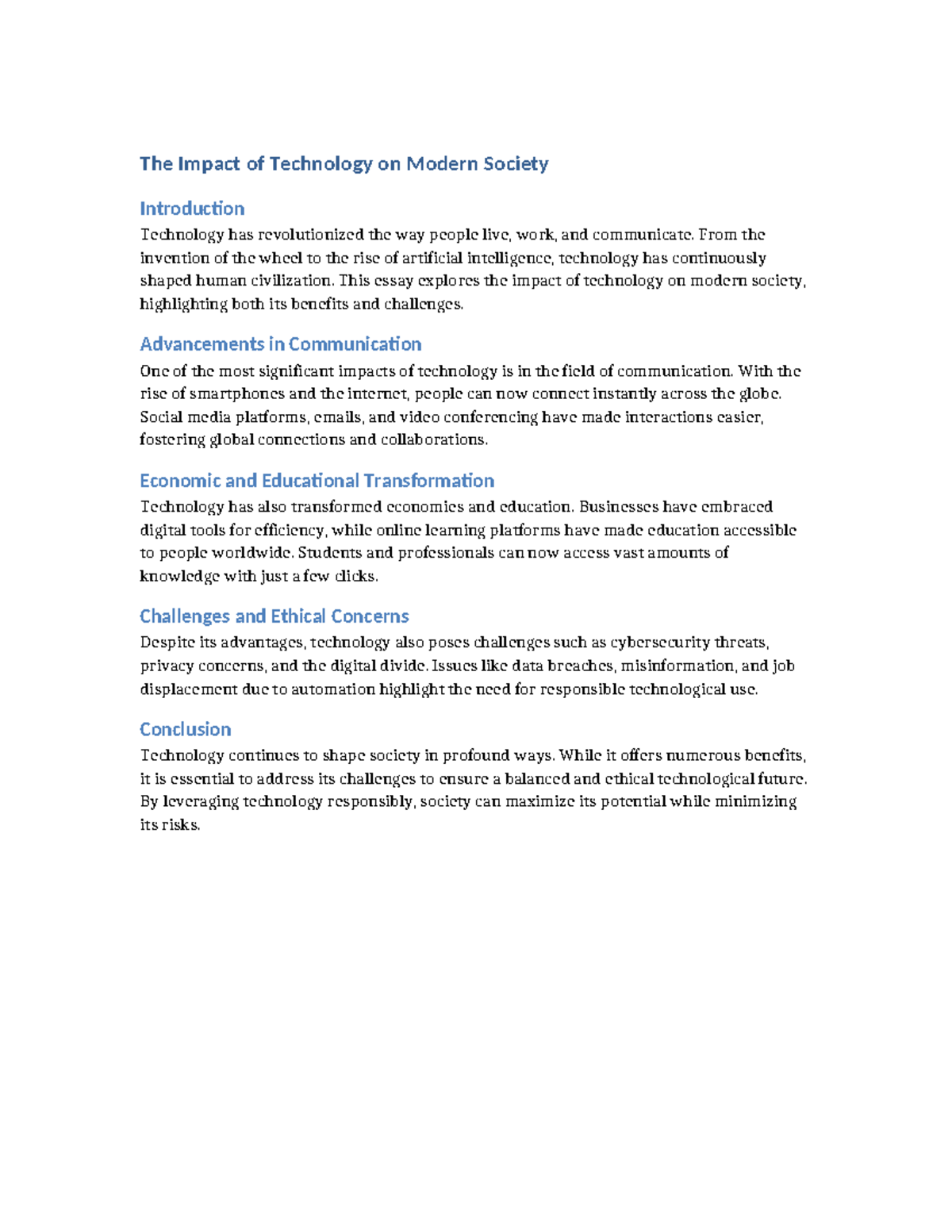 Technology Impact Essay - The Impact of Technology on Modern Society ...